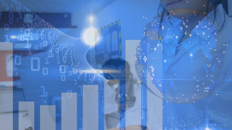 Animation of Binary Code and Globe Over Asian Female Lab Worker Stock ...