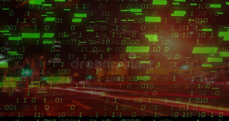 Animation of Binary Code with Green Data Blocks Overlaying Cityscape at Night Stock Video ...