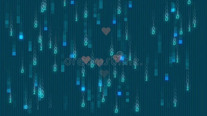 Animation of Binary Code and Heart Symbols Over Digital Matrix ...