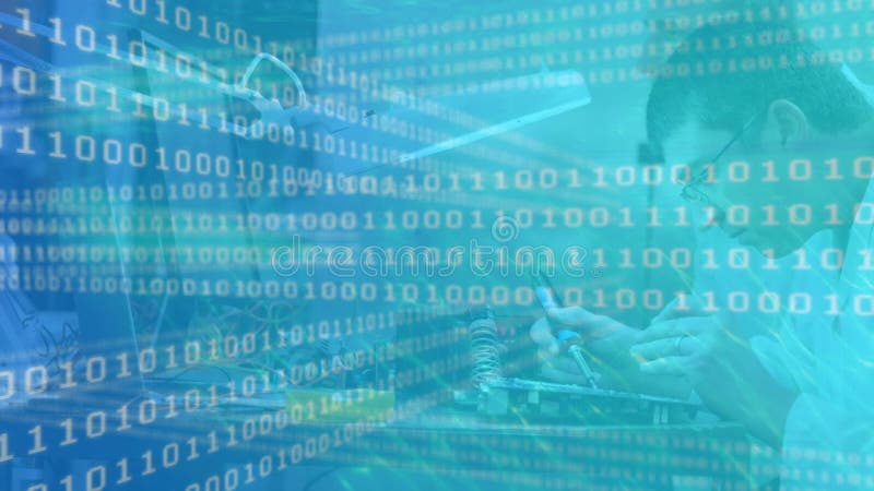 Animation of Binary Code Over Caucasian Male Engineer Working with ...
