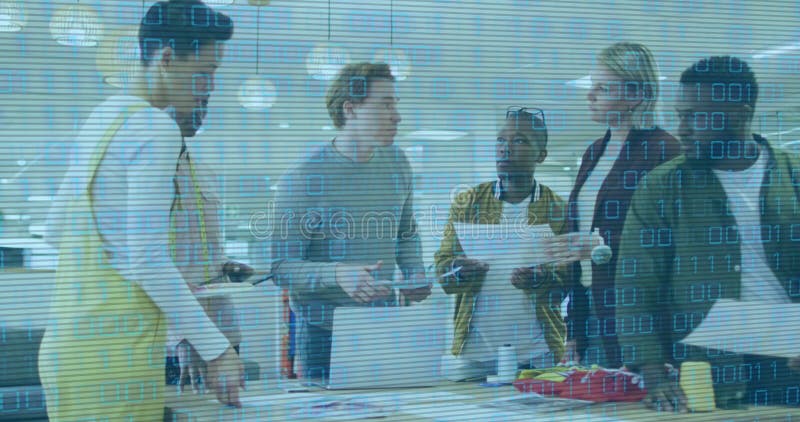 Animation Of Binary Code Over Diverse Coworkers Talking In Office Stock Video Video Of Group