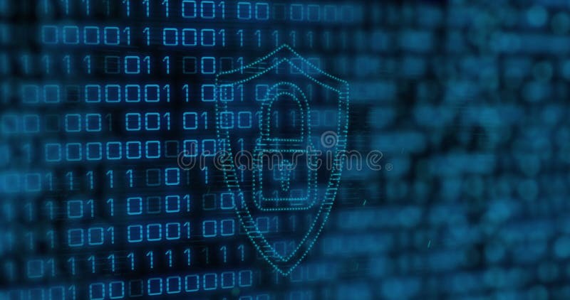Animation of Binary Code Over Lights and Digital Shield with Padlock ...