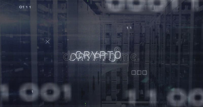 Animation Of Binary Codes And Crypto Text With Circuit Board Pattern Over Data Server Systems