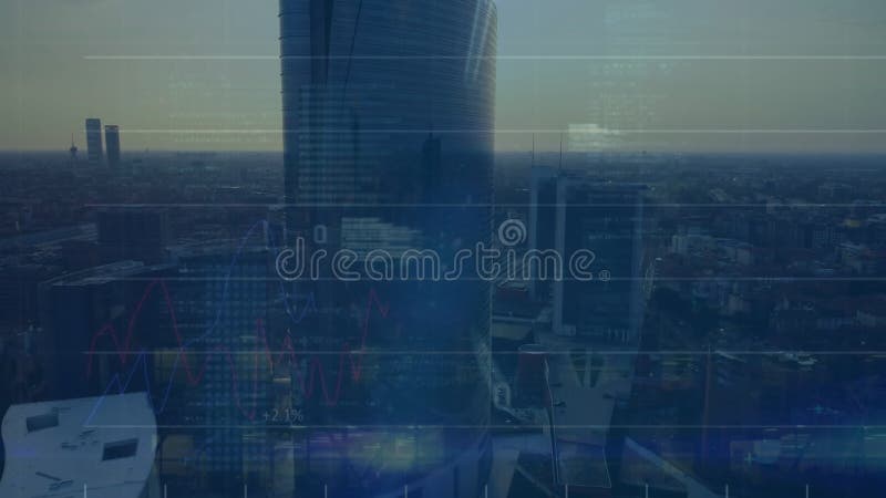 Animation of Binary Codes, Graphs, Changing Numbers, Computer Language, Aerial View of Modern ...