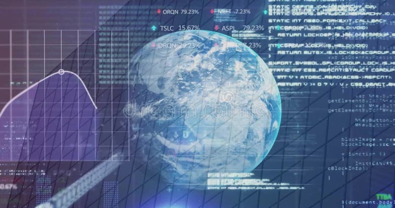 Animation of Binary Codes, Graphs, Computer Language and Trading Board Over Modern Building ...