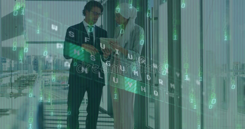 Animation of Binary Codes, Illuminated Pattern on Keyboard, Diverse Couple Discussing Reports ...