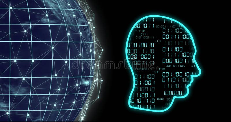 Animation Of Binary Coding Data Processing Over Head And Globe Stock