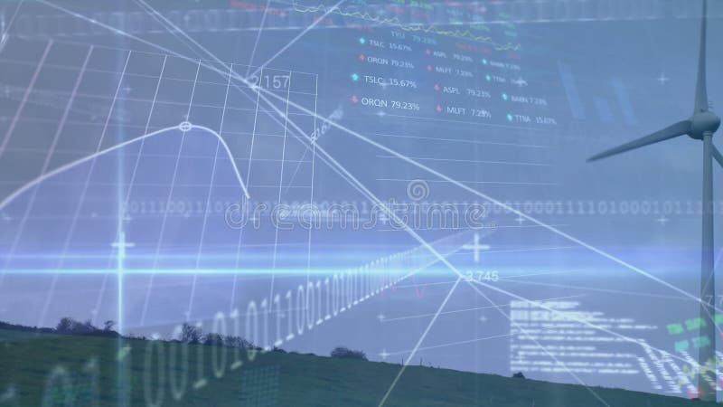 Animation Of Binary Coding And Data Processing Over Wind Turbine Stock
