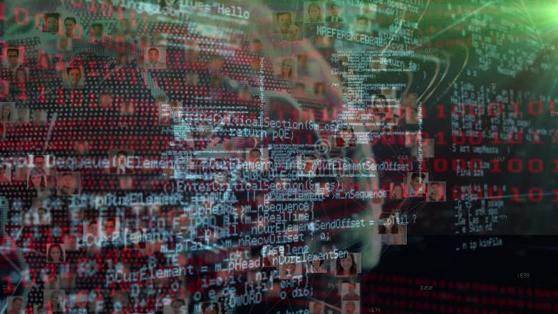 Animation of Binary Coding, Globe with Business People Photos Over Glowing Computer Circuit ...