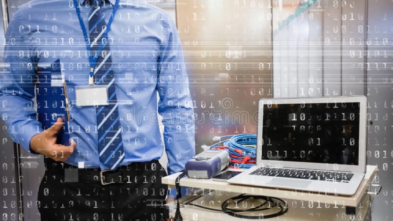 Animation of Binary Coding Over Biracial Male Worker Inspecting Server ... Animation of Binary Coding Over Biracial Male Worker Inspecting Server ...