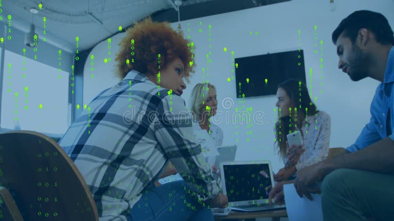 Animation of Binary Coding Over Diverse Business People Talking in ... Animation of Binary Coding Over Diverse Business People Talking in ...