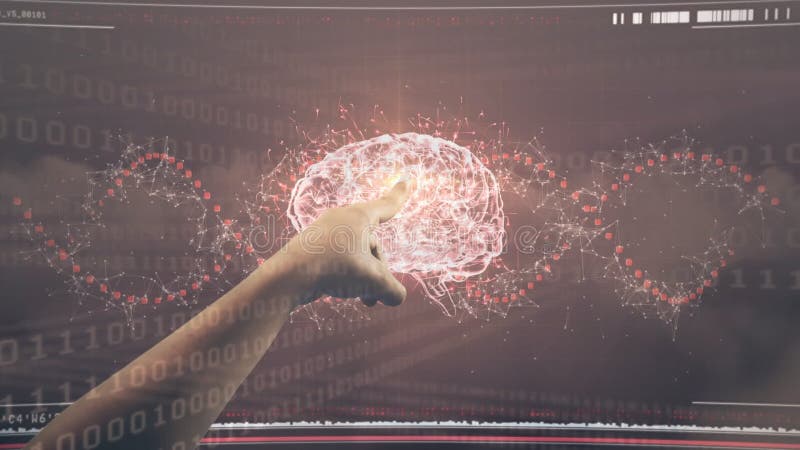 Animation Of Binary Coding Over Human Finger Touching Digital Brain