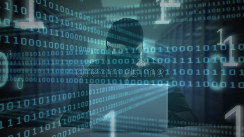 Animation of Binary Coding Processing and Masked Hacker Using Laptop in Dark Room Stock Footage ...