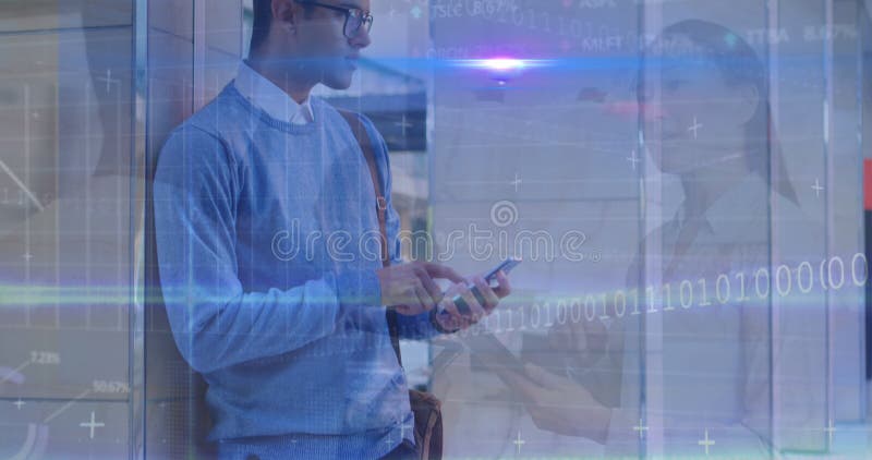 Animation Of Binary Data Coding Flare Over Man Using Cellphone And Coworkers Discussing In