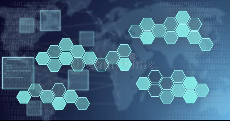 Animation Of Binary Data And Network Of Connections Over Map Of World