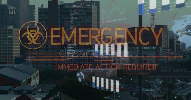 Animation of Biohazard Symbol and Emergency Text and Data Processing ...