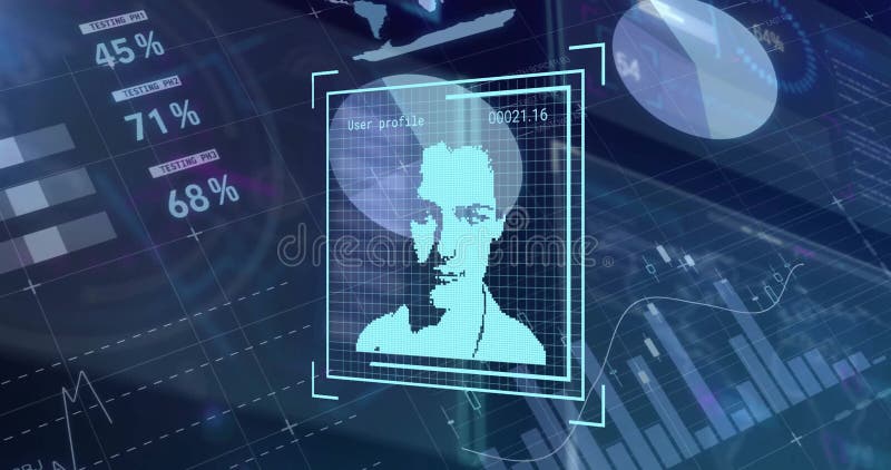 Animation of Biometric Photo and Data Processing Over Dark Background ...