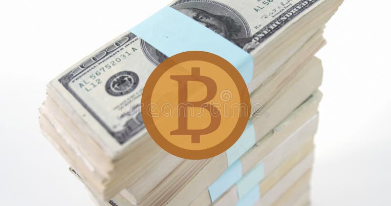 Animation of Bitcoin Over Tower of Banknotes on White Background Stock ...