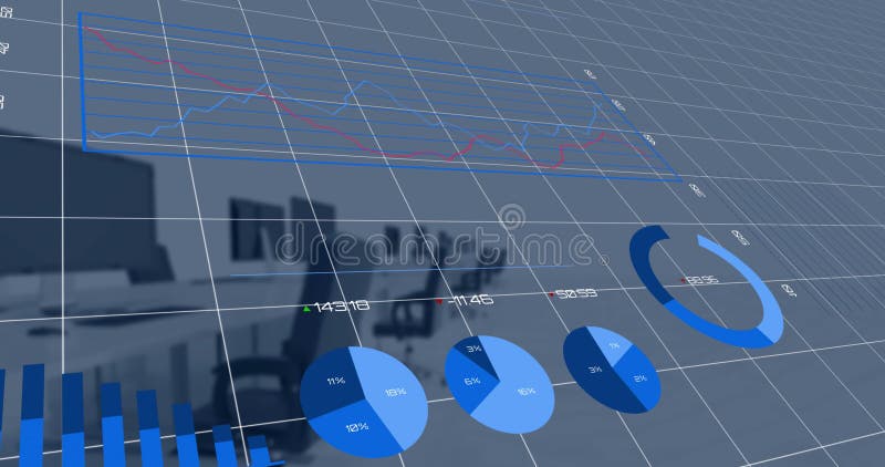 Animation of Blue Charts Processing Data Over Computers on Desks at ...
