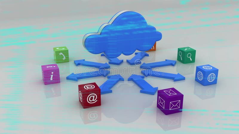 Animation of Blue Cloud with Digital Icons, Arrows and Data Processing ...