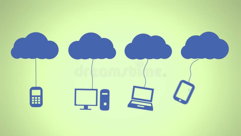 Animation of Blue Clouds and Electronic Devices Icons Over Green ...