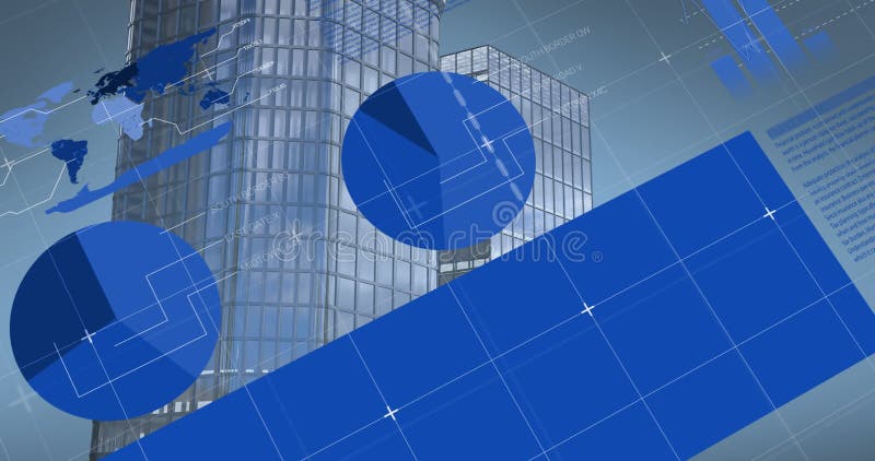 Animation of Blue Colored Infographic Interface Over Modern Buildings ...