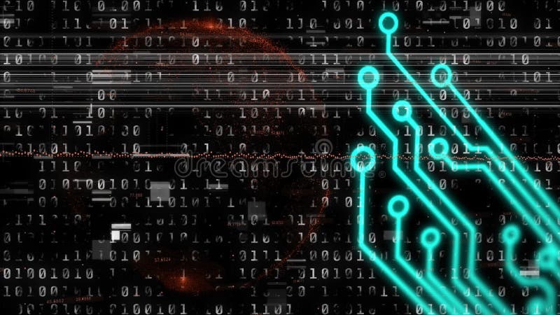 Animation Of Blue Computer Circuitboard Over Binary Data Processing On