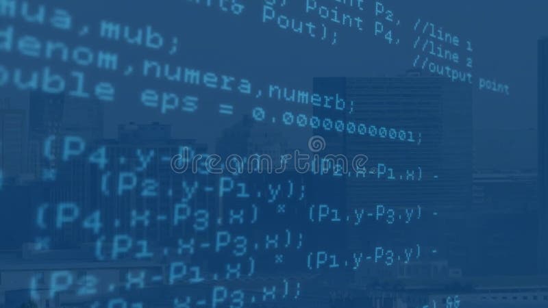 Animation of Blue Computer Language Moving Against Modern Buildings ...