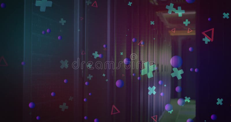 Animation of Blue Crosses, Red Triangle and Purple Spheres Over Dark ...