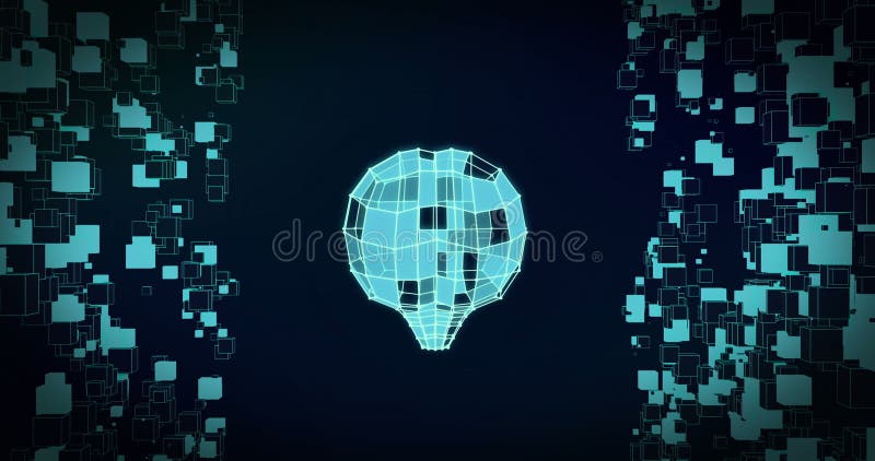 Animation of Blue Cuboid Brain Rotating, with Moving Cubes on Dark Blue ...