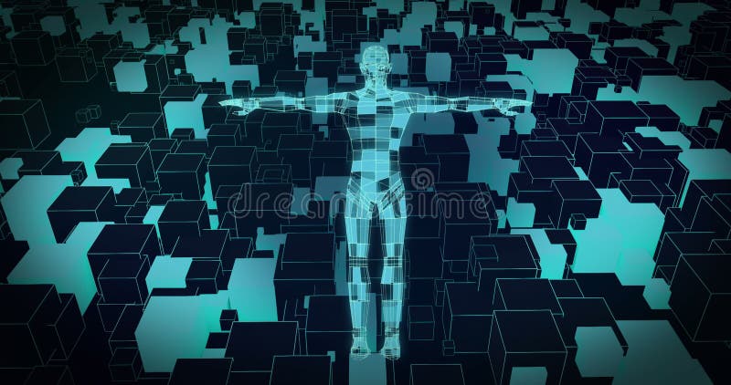 Animation of Blue 3d Cuboid Body Shape Rotating Over Moving Cubes Stock ...