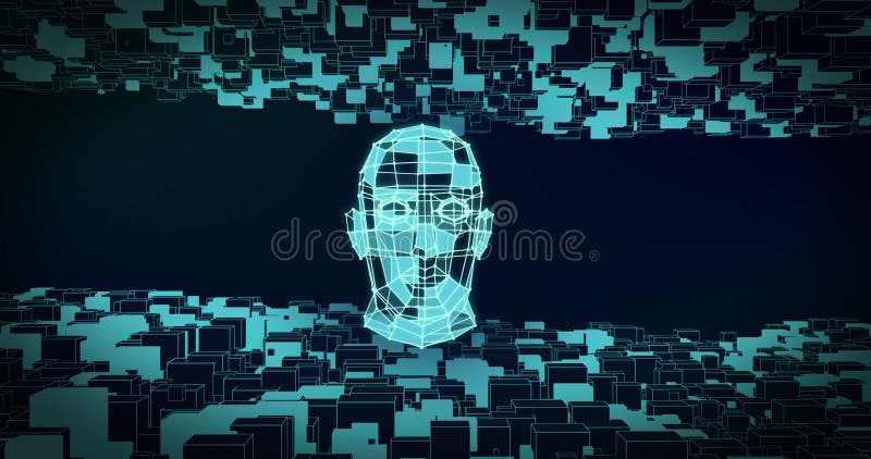 Animation of Blue 3d Cuboid Head Model Rotating with Moving Cubes on ...