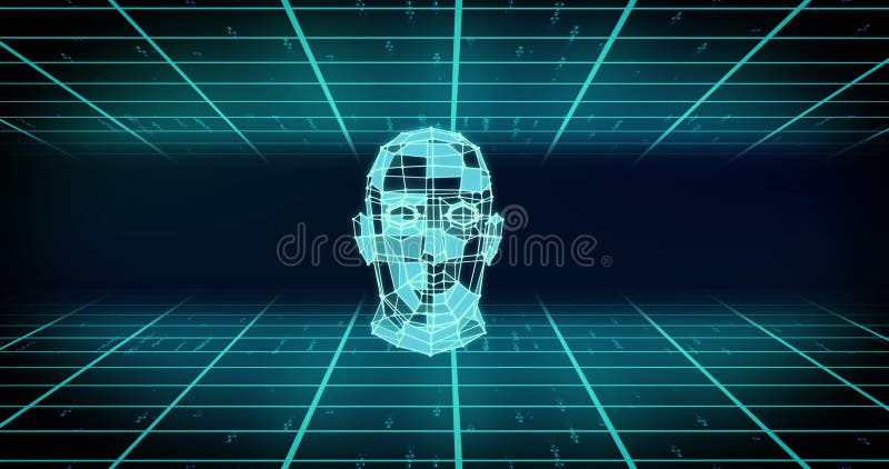 Animation of Blue 3d Cuboid Head Model Rotating Over Grid and Light ...