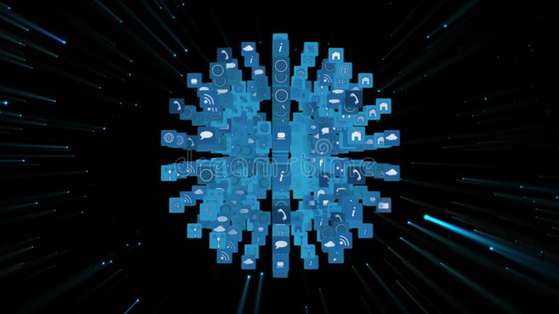 Animation of Blue 3d Pixel Sphere of Media Icons Rotating on Black ...