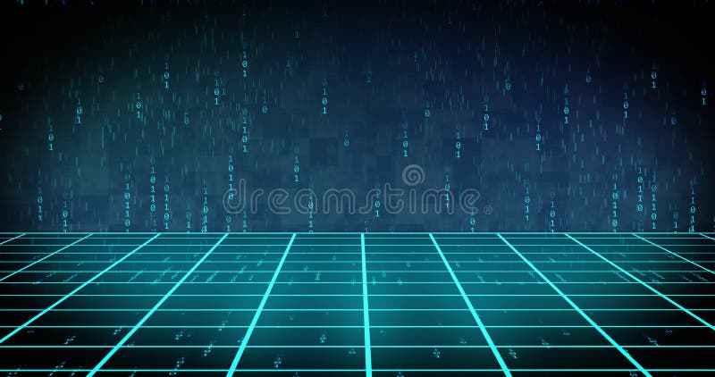 Animation of Blue Grid and Falling Light Trails Over Dark Blue Sky ...