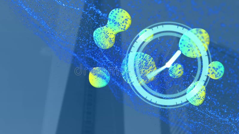 Animation of Blue Light Trails Over Clock, Blobs and Office Buildings ...