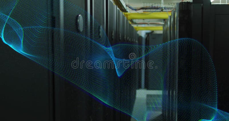 Animation of Blue Network Wave Moving Over Dark Computer Server Room ...