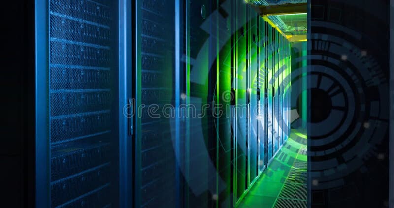 Animation of Blue Round Scanner Spinning Against Computer Server Room ...