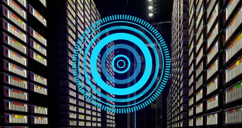 Animation of Blue Round Scanner Spinning Against Computer Server Room ...