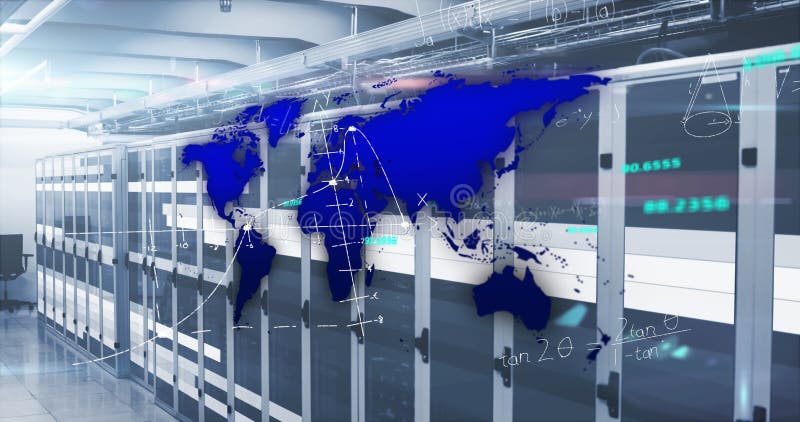 Animation of Blue World Map and Maths Calculations Over Computer Server ...