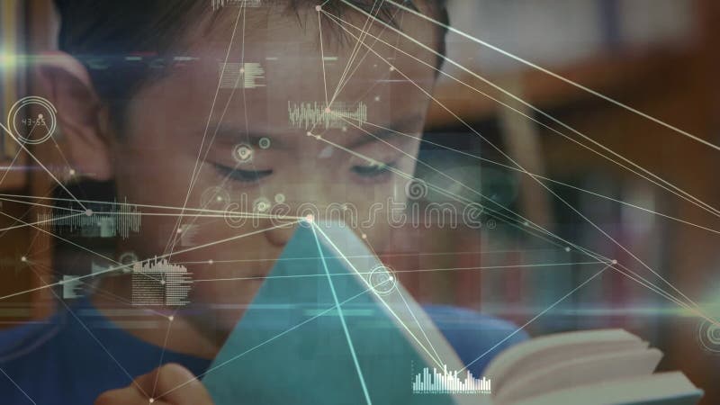 Animation of a Boy Reading a Book Over a Web of Connected Dots Stock ...