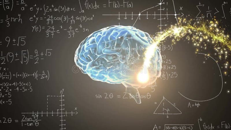 Animation of Brain and Light Trail Over Mathematical Equations Stock ...
