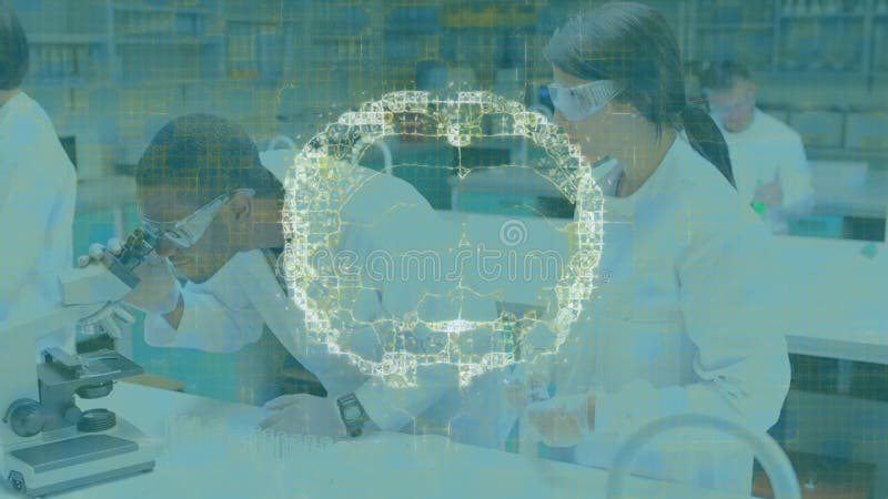 Animation of Brain Rotating Over Diverse Lab Workers with Microscope ...