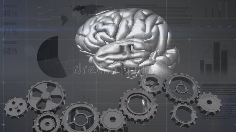 Animation of Brain Rotating Over Grey Background with Graphs and Cogs ...