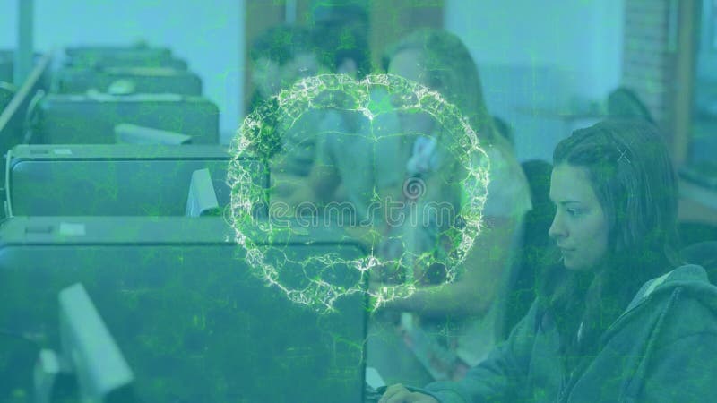 Animation of Brain Spinning Over Students Using Computers Stock Video ...