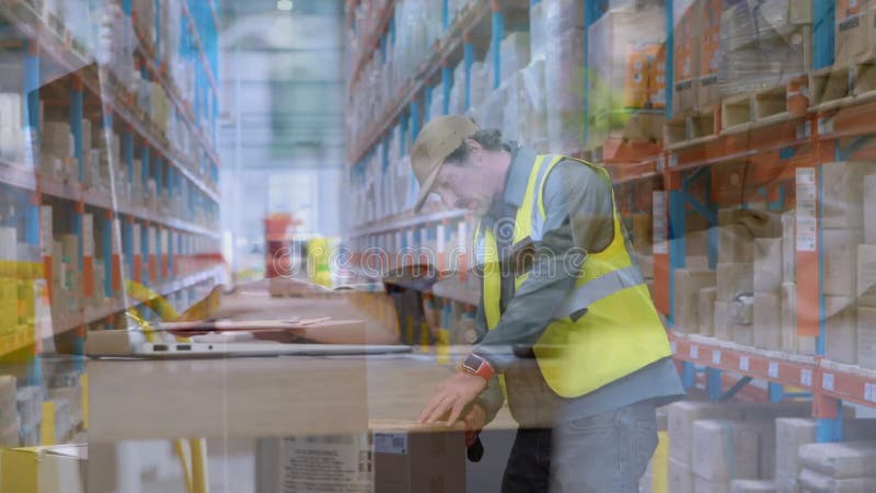 Animation of Caucasian Businessman Using Laptop Over Worker Scanning ...