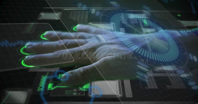 Animation of Caucasian Man Scanning Hand with Hud Processing on Digital ...