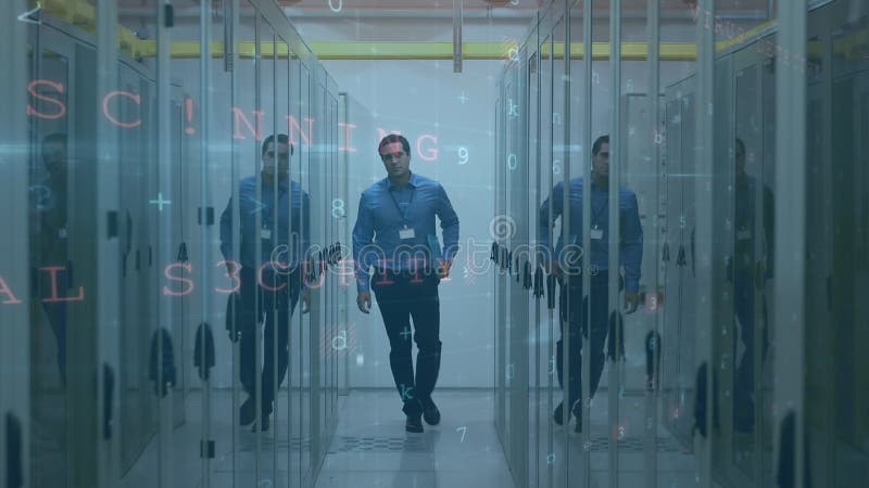 Man Walking into a Computer Server Room while Warning Messages Appear ...