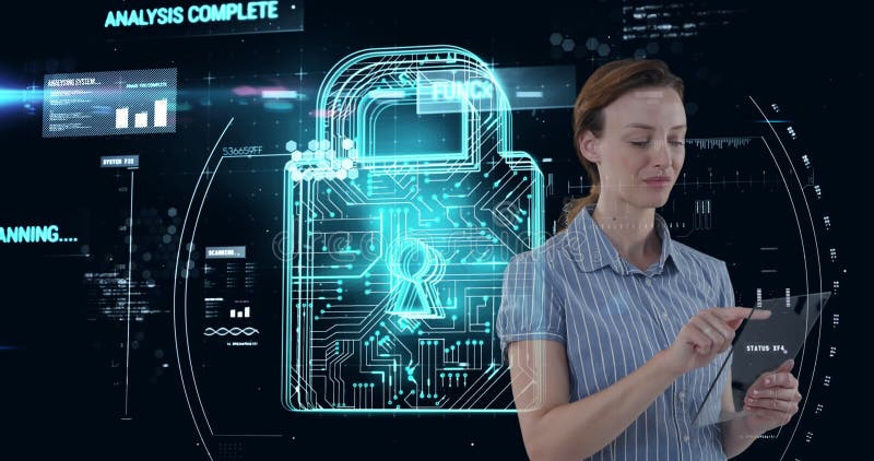 Animation of Caucasian Woman Touching Transparent Screen with Digital ...