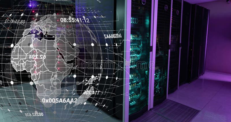 Animation of Changing Numbers Around Globe Over Illuminated Data Server ...
